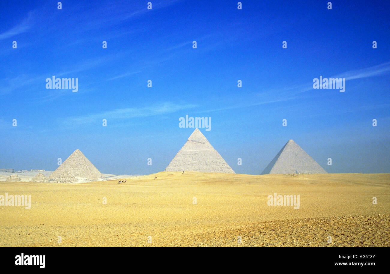 Three pyramids in line across desert. Great Pyramid of Cheops. Pyramids ...