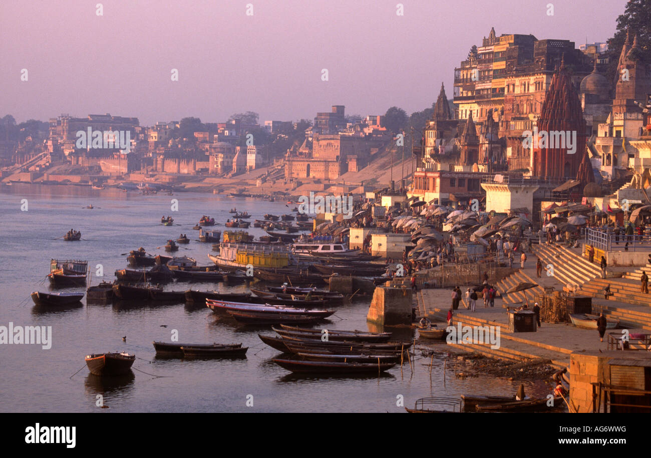 India Uttar Pradesh Varanasi River Ganges and ghats west of Dasawamedh ...