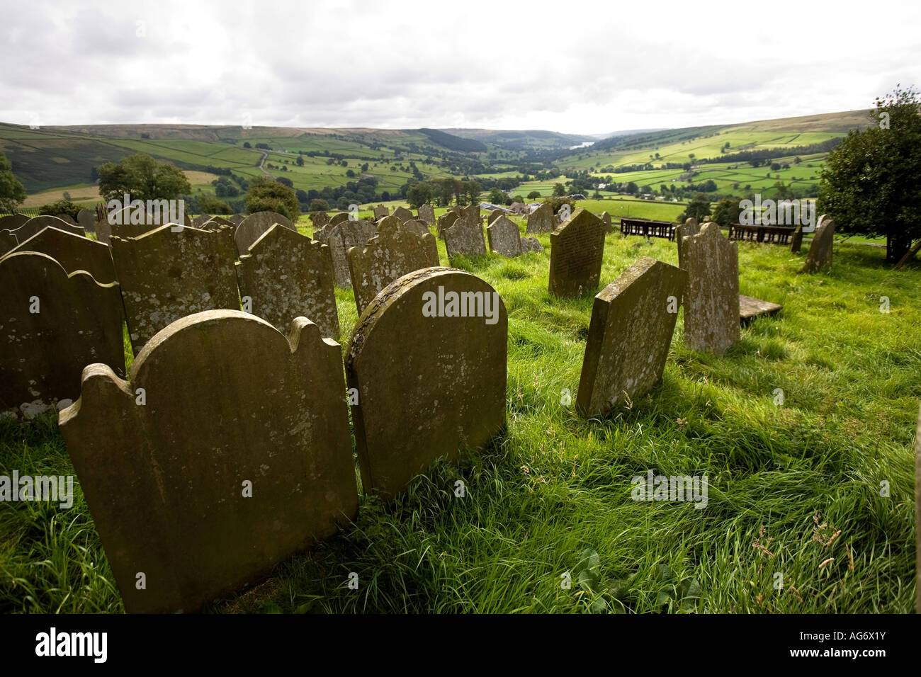 UK Yorkshire Nidderdale Middlesmoor village St Chads churchyard view ...