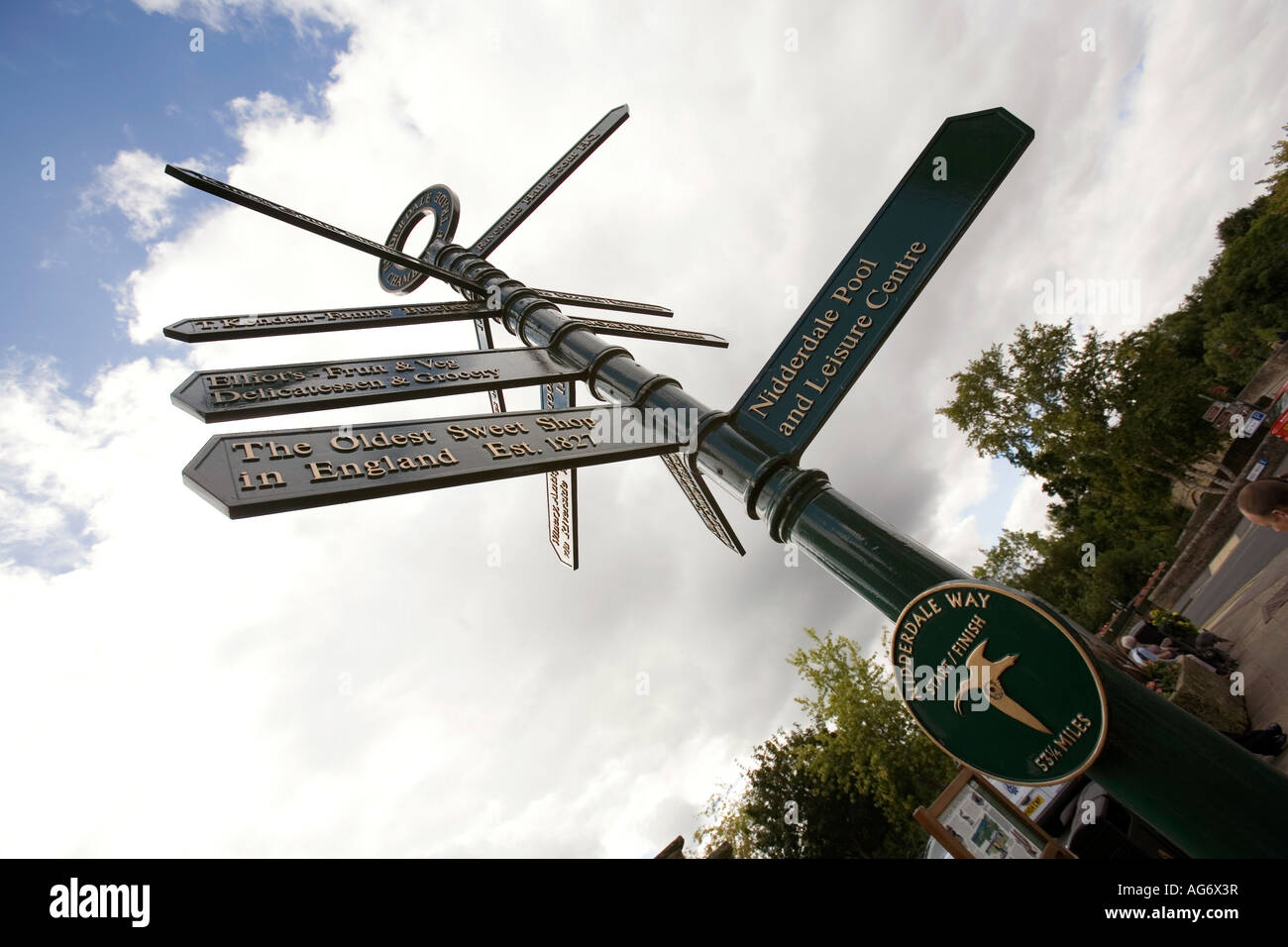 UK Yorkshire Pateley Bridge High Street signpost showing Nidderdale way ...