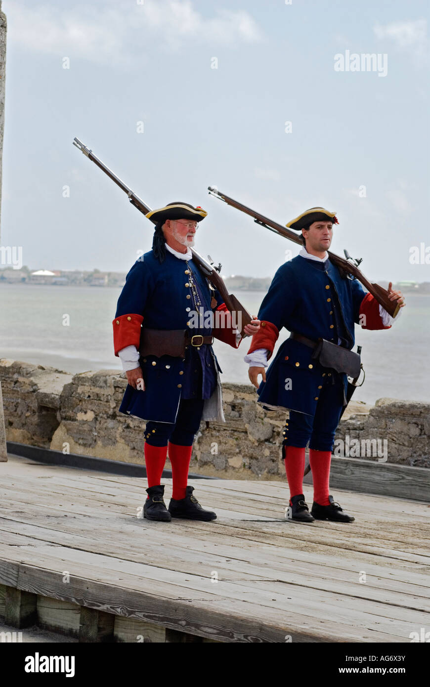 Reenactors prepare to fire flintlock rifles, St. Augustine, Florida ...