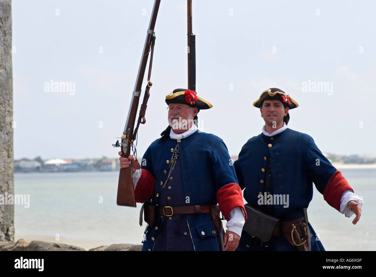 Reenactors firing flintlock rifles, St. Augustine, Florida Stock Photo ...