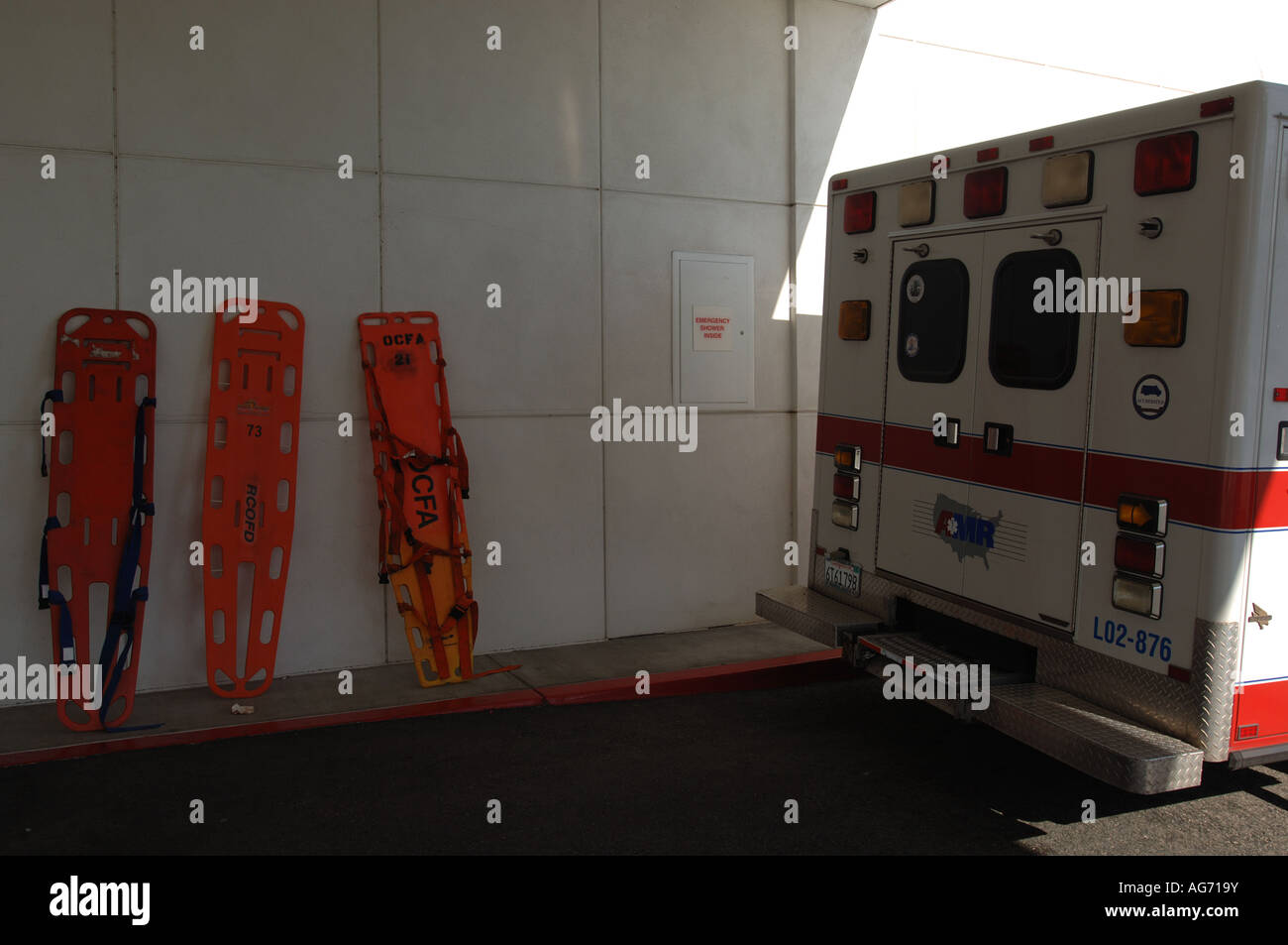 Hospital emergency room with ambulance parked at the emergency entrance ...