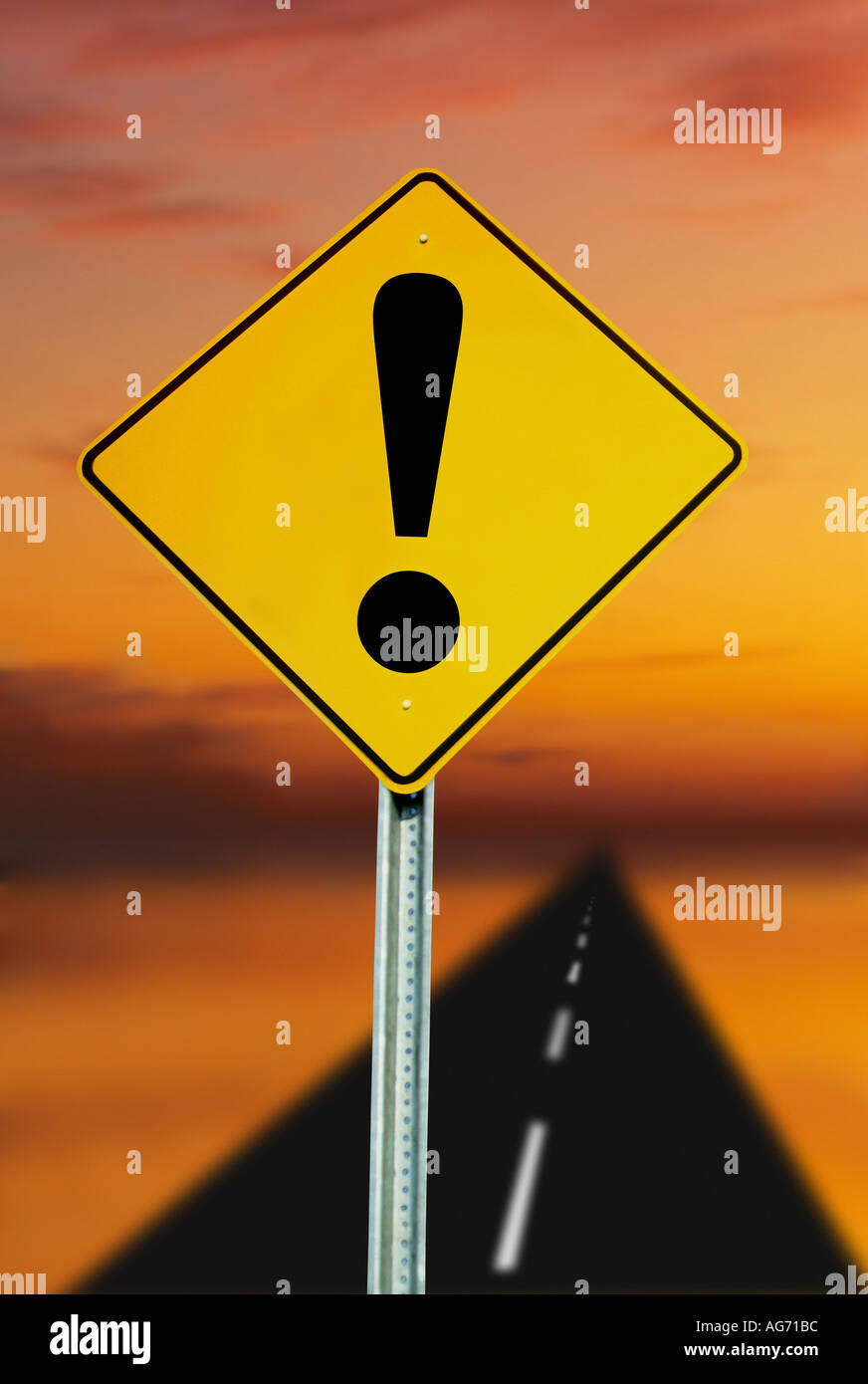 road and road sign post with exclamation mark symbol Stock Photo - Alamy