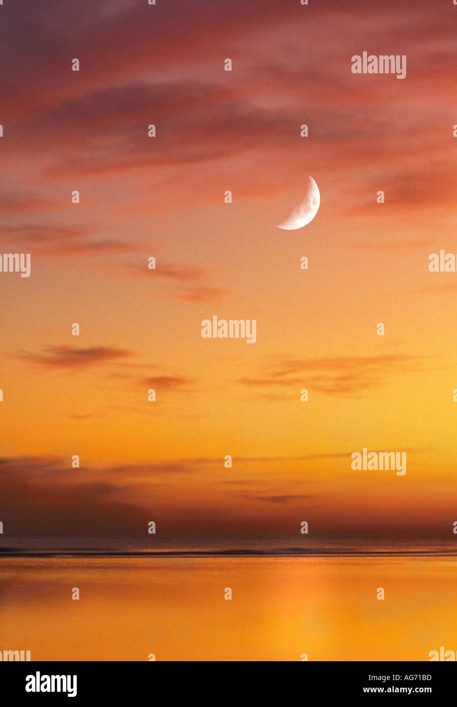 cresent moon in sunset sky with ocean Stock Photo - Alamy