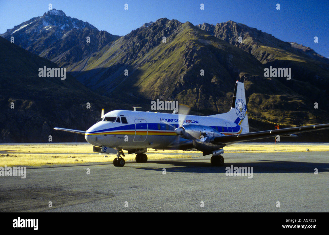 Mount Cook Airlines airplane landing at Mount Cook airport South Island ...