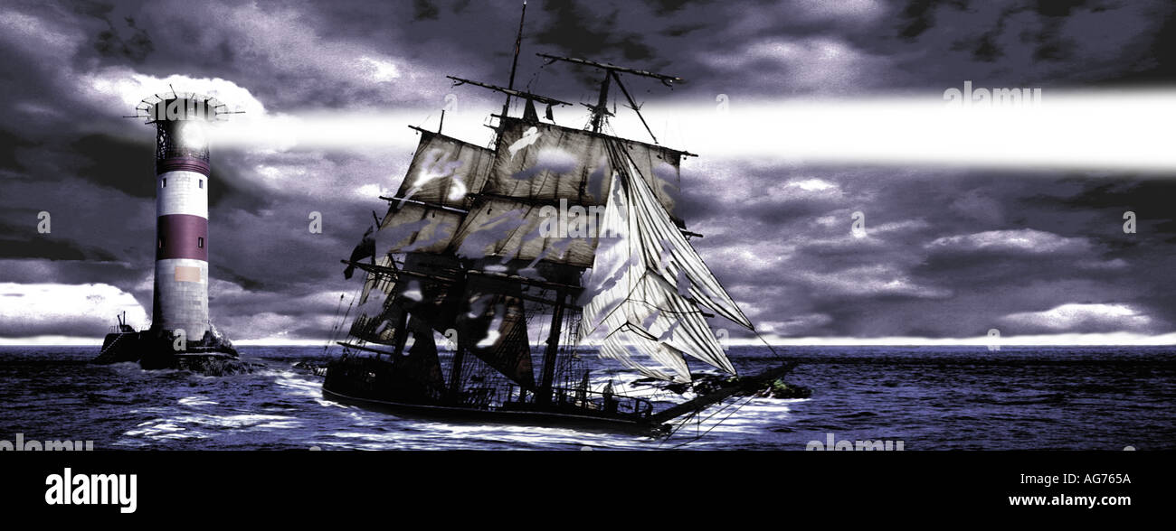 Old Gallion sailing ship aground on rocks at base of light house ...