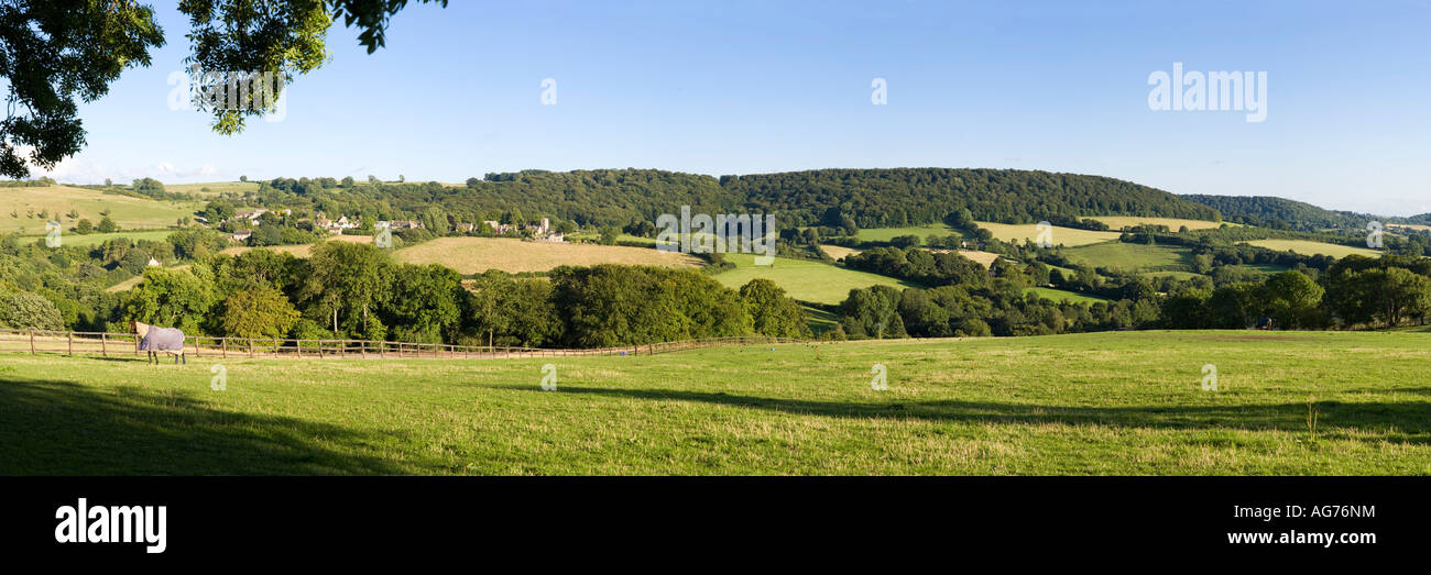 A panoramic view of the Cotswold village of Cranham and Saltridge Wood ...