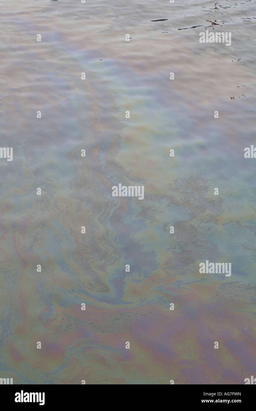 Small oil slick on the water by the quayside in Oban Harbour Argyll ...