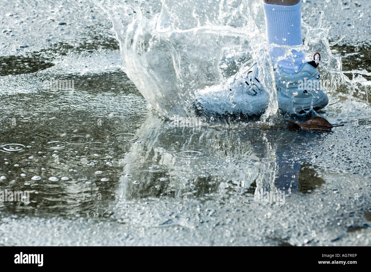 closeup running shoe hitting water puddle Stock Photo - Alamy