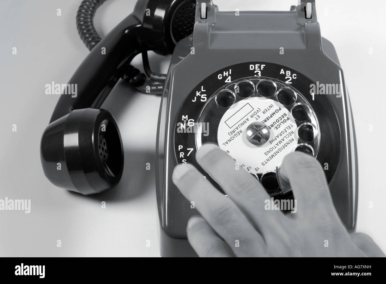 a hand dialing a number on an old retro telephone Stock Photo - Alamy