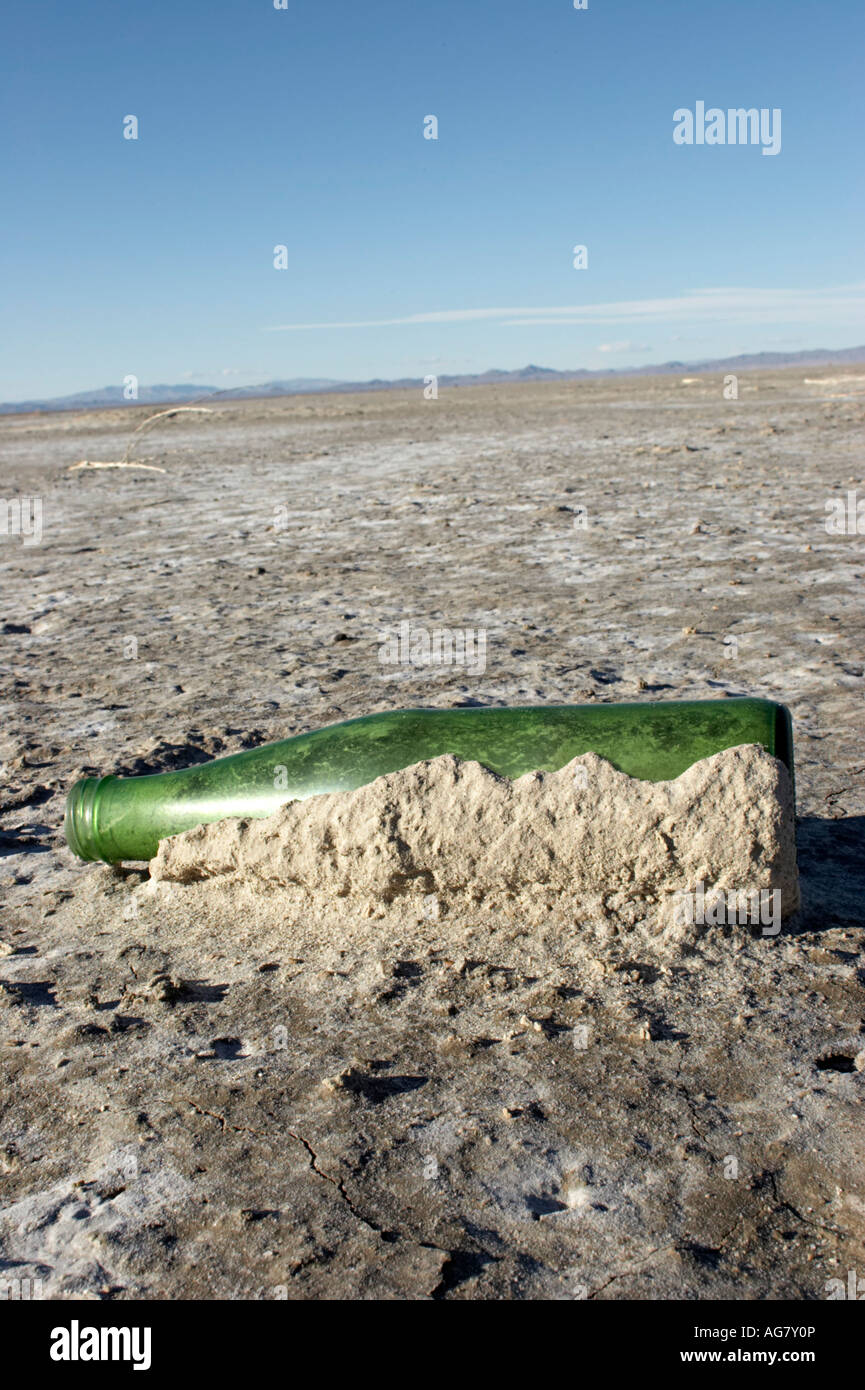Discarded soda bottle partially buried in an alkali dust flat Carson ...