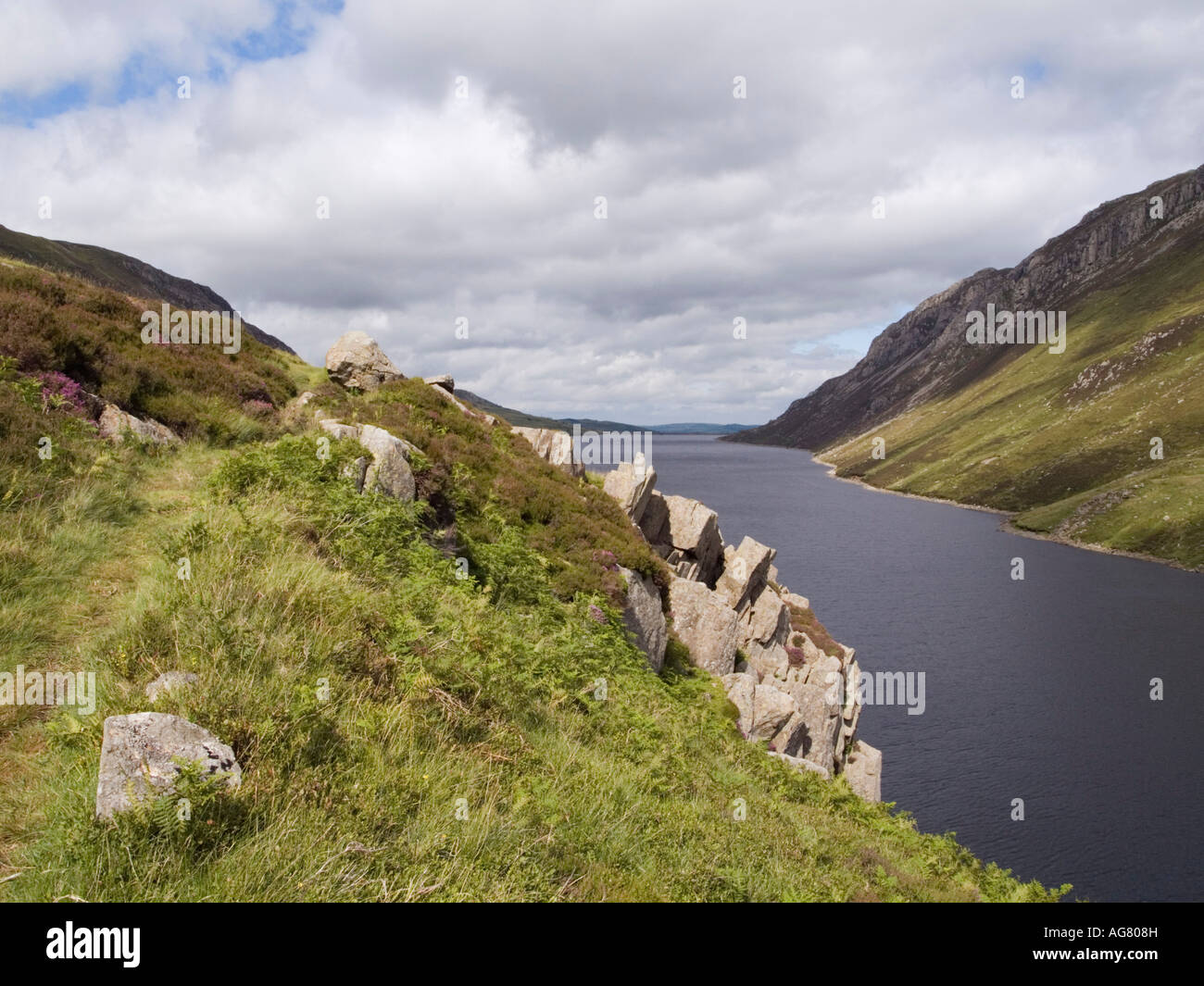 View north east along Llyn Cowlyd Reservoir below Creigiau Gleision in ...