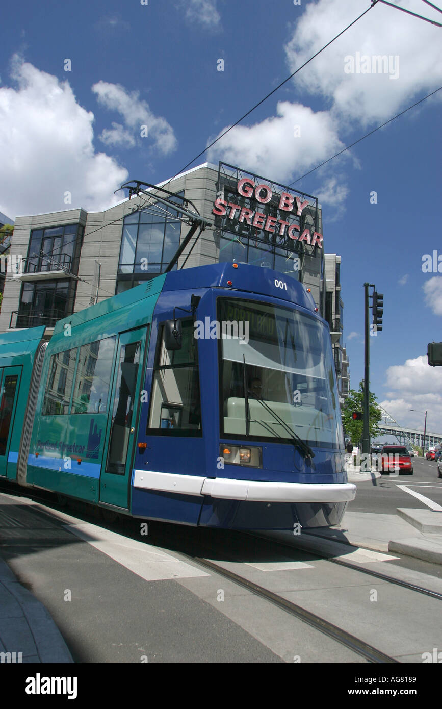 The Portland Streetcar goes past an apartment building in the Pearl ...