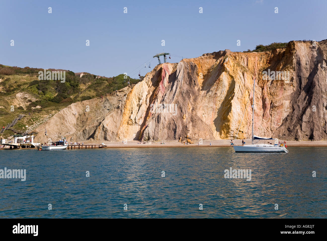 Multi coloured sandstone cliffs and sands at alum bay isle of wight ...