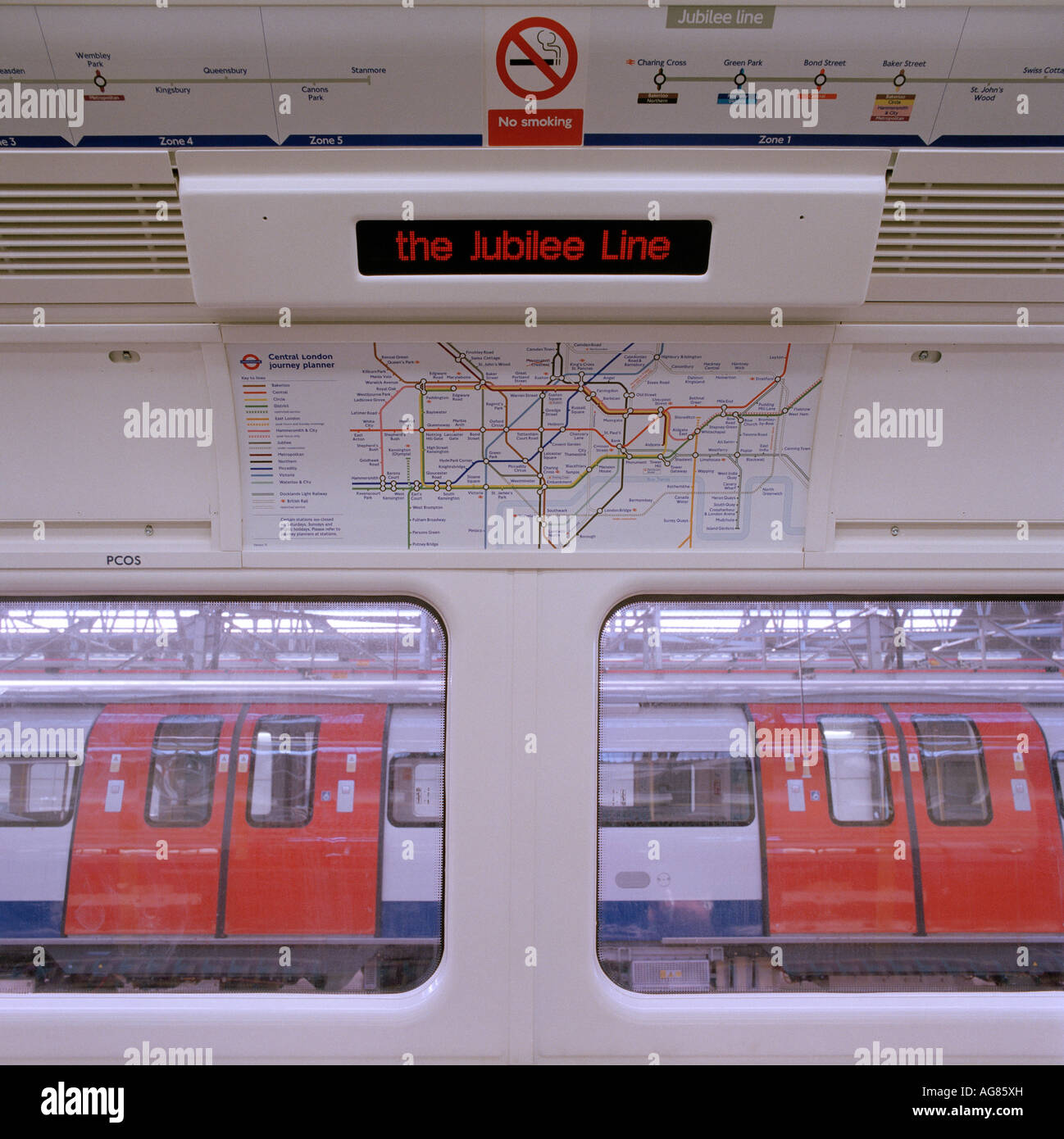 A Jubilee Line train, on the London Underground network, is viewed through the window of a ...