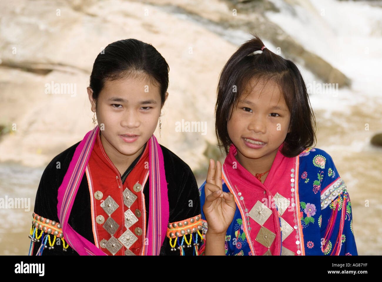 Thailand Young Hmong Hill Tribe Girls Dressed In Traditional Clothes ...