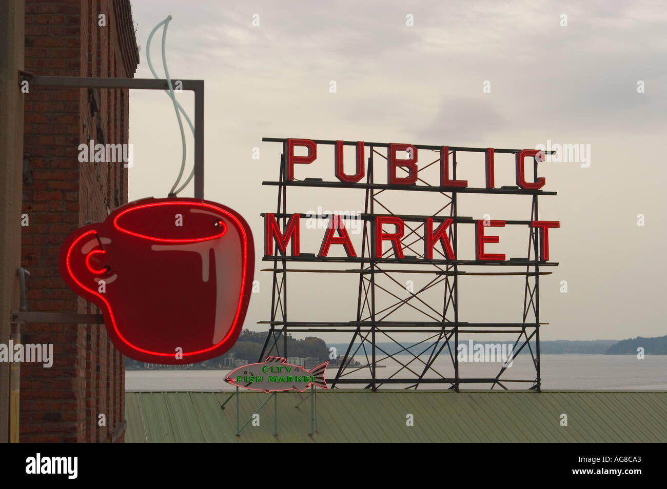 Neon Coffee Cup Sign with Public Market and City Fish Market Neon Signs ...