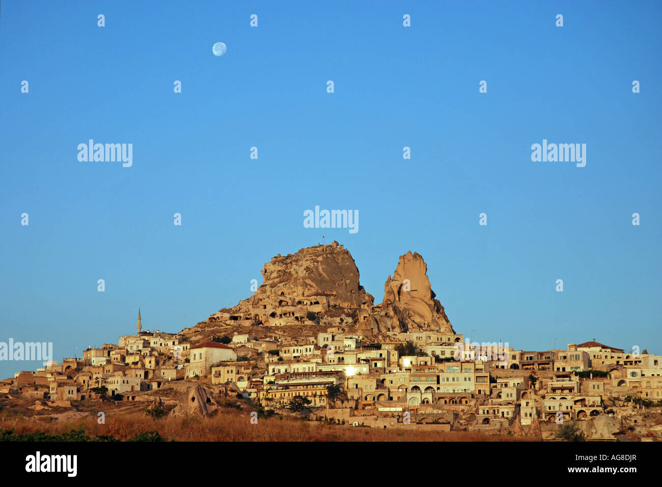 full moon over tuff landscape, Turkey, Cappadocia, Uchisar Stock Photo ...