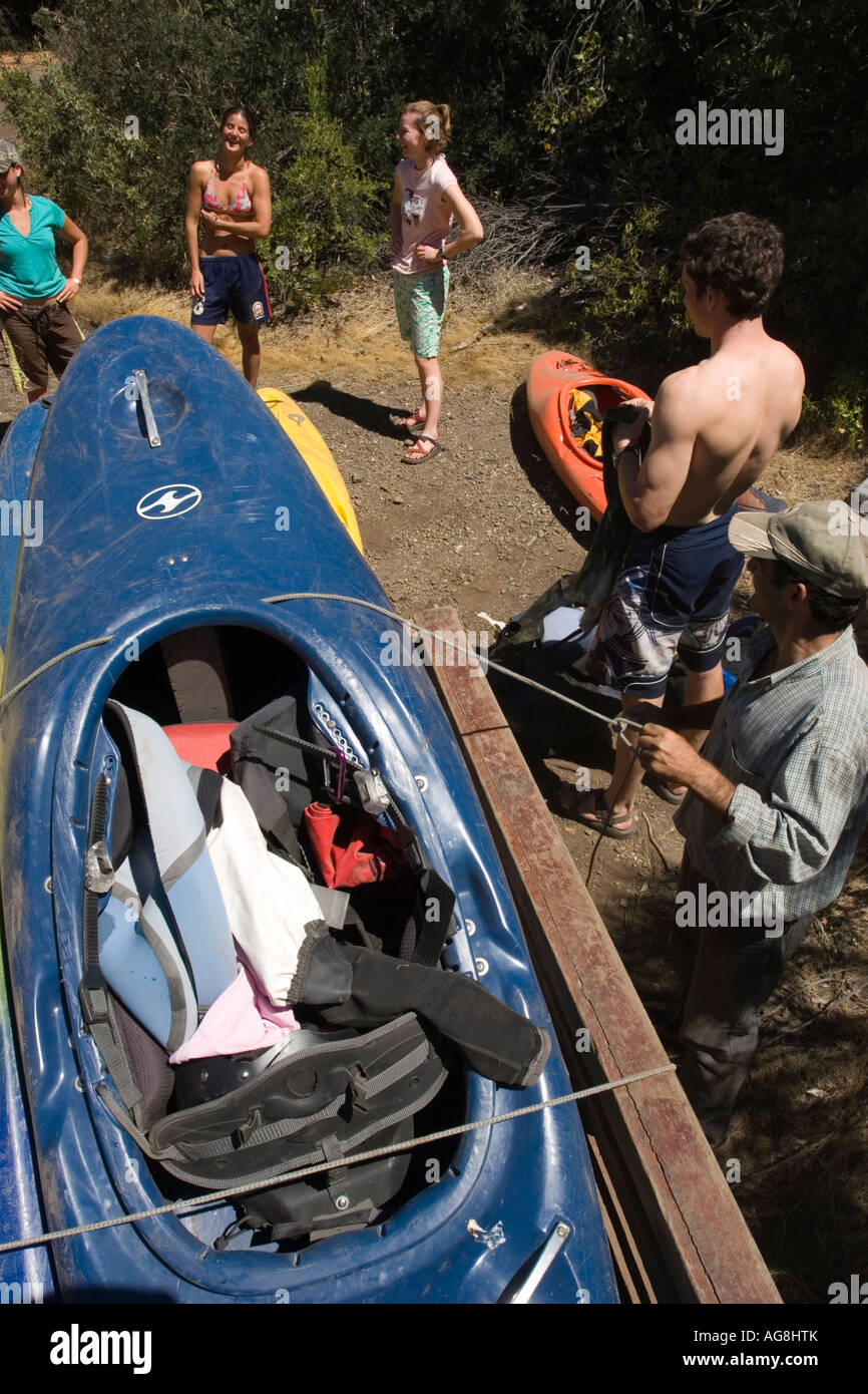 South America Central Chile Rio Claro near Los Quenas kayaks trailer ...