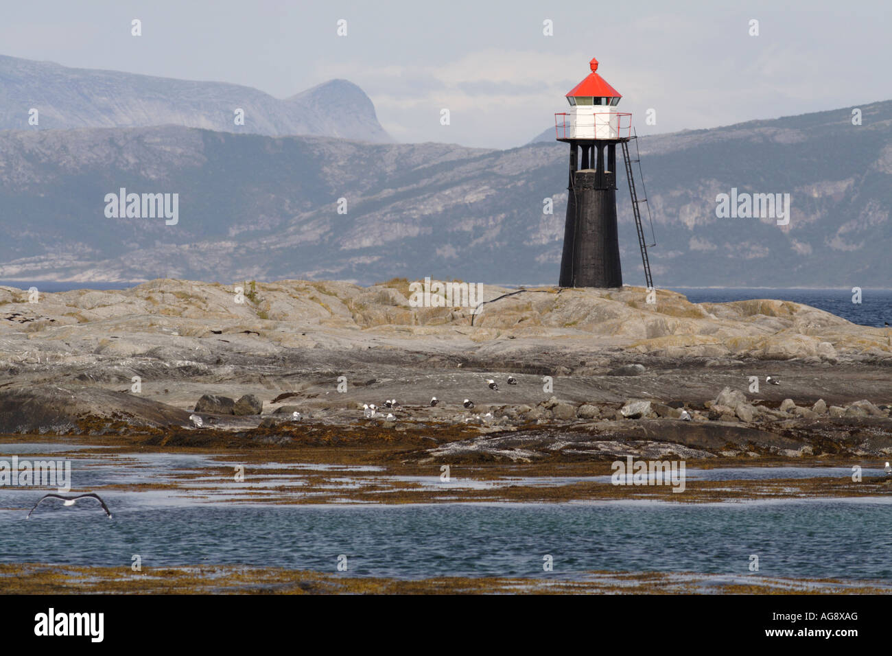 Lighthouse on Hamarøy, Lofoten islands in the background, Norway Stock ...
