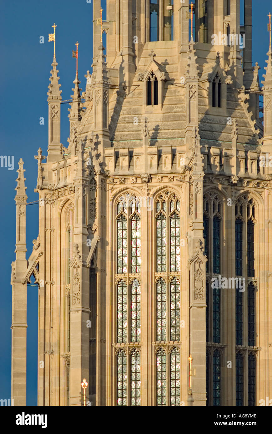 Detail of the ornate gothic architecture of the Palace of Westminster ...