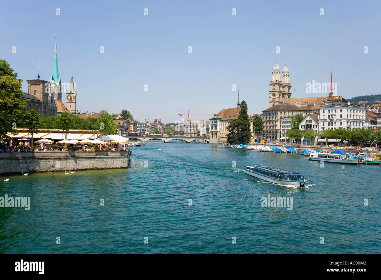 Zurich on the Zurich Lake, Switzerland. On the right the Grossmuenster ...