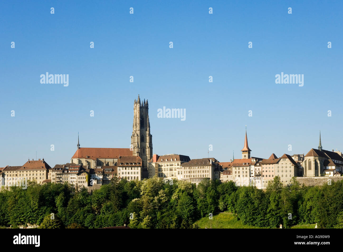 Old part of Freiburg/Fribourg, Switzerland, with the Cathedral St ...