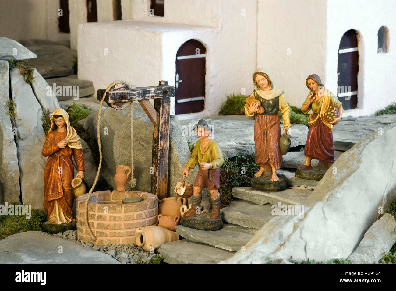 section of a large nativity set with old plaster figurines, canton ...
