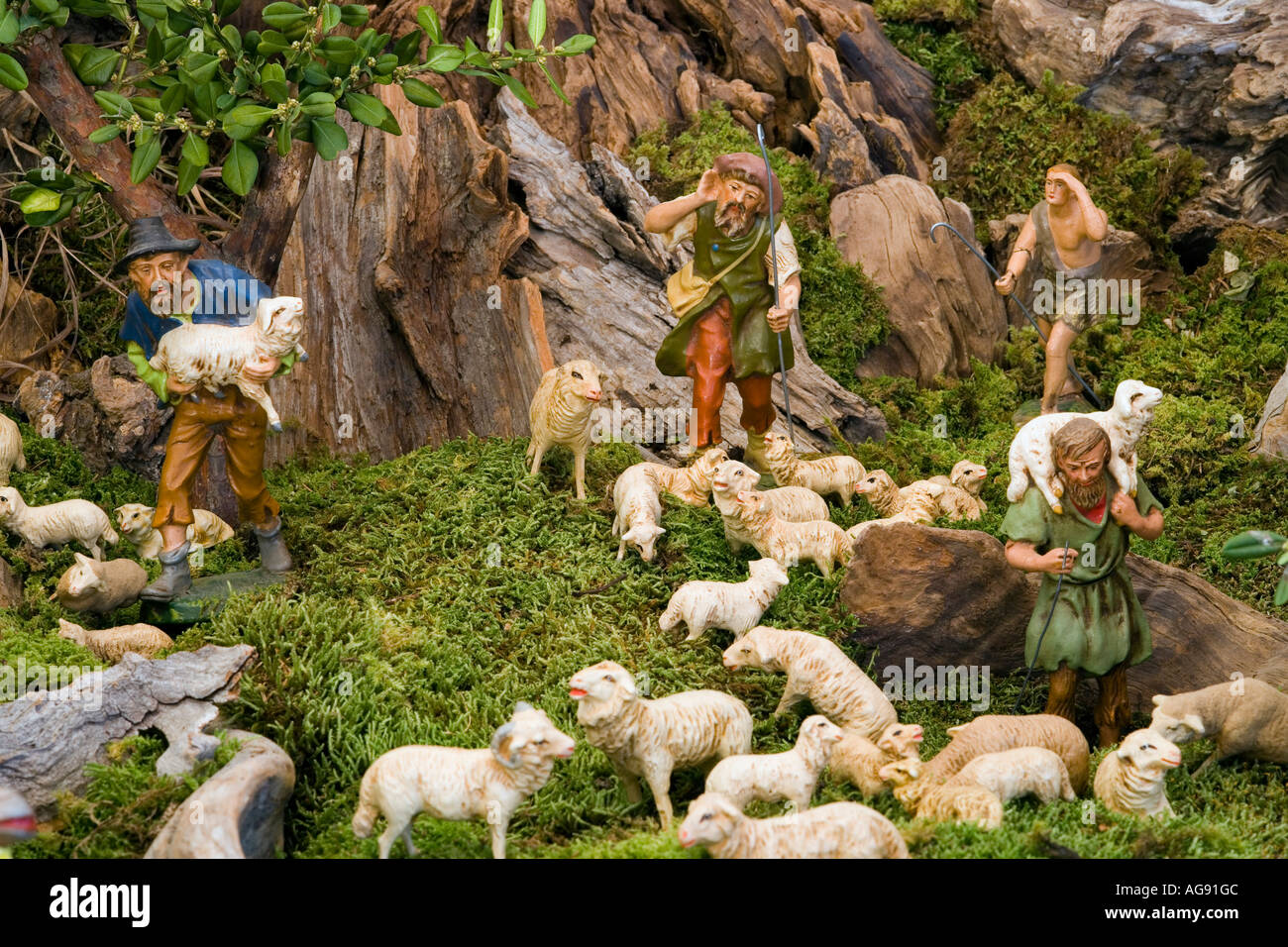 section of a large nativity set with old plaster figurines, canton ...