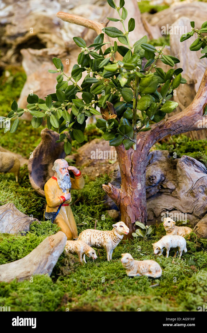 section of a large nativity set with old plaster figurines, canton ...