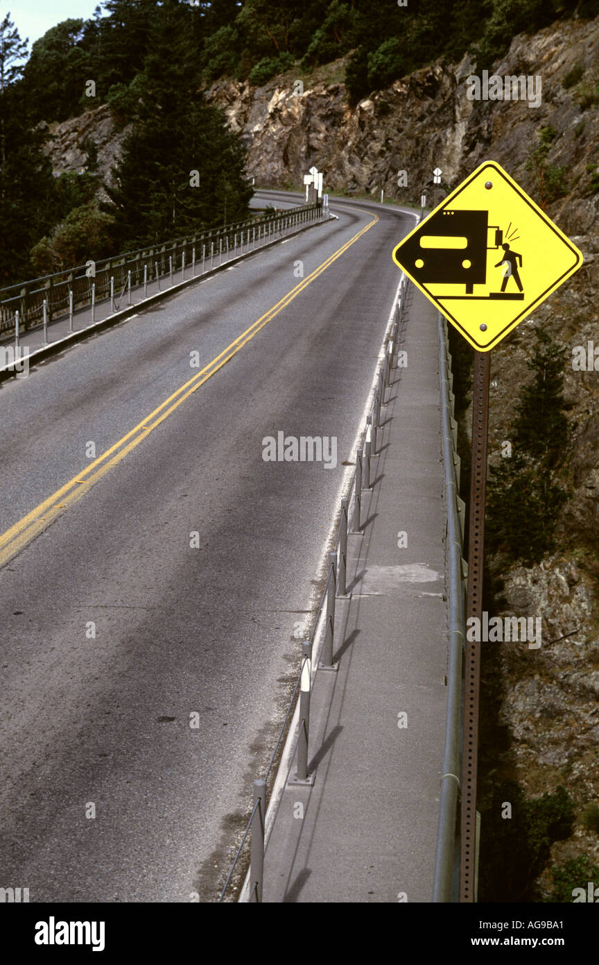 pedestrian warning sign along roadway Deception Pass Washington Stock ...