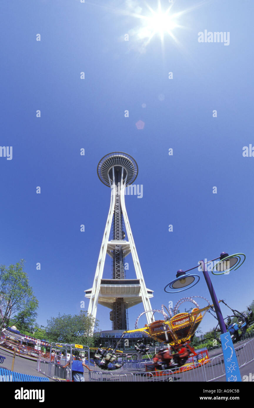 Looking up at Seattle Space Needle over the Fun Forest Seattle ...