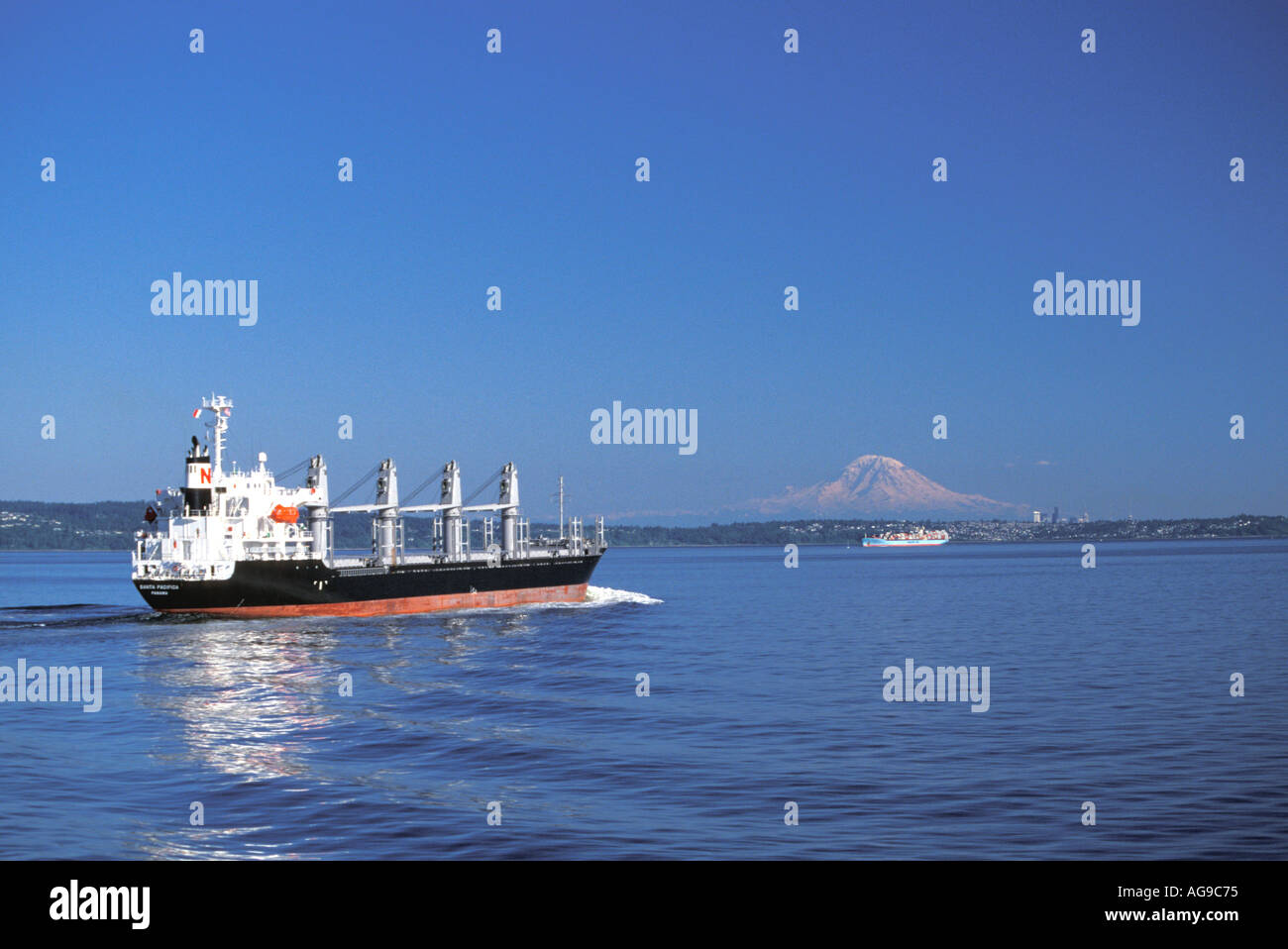 Ship on Puget Sound with Mount Rainier in background Washington Stock ...
