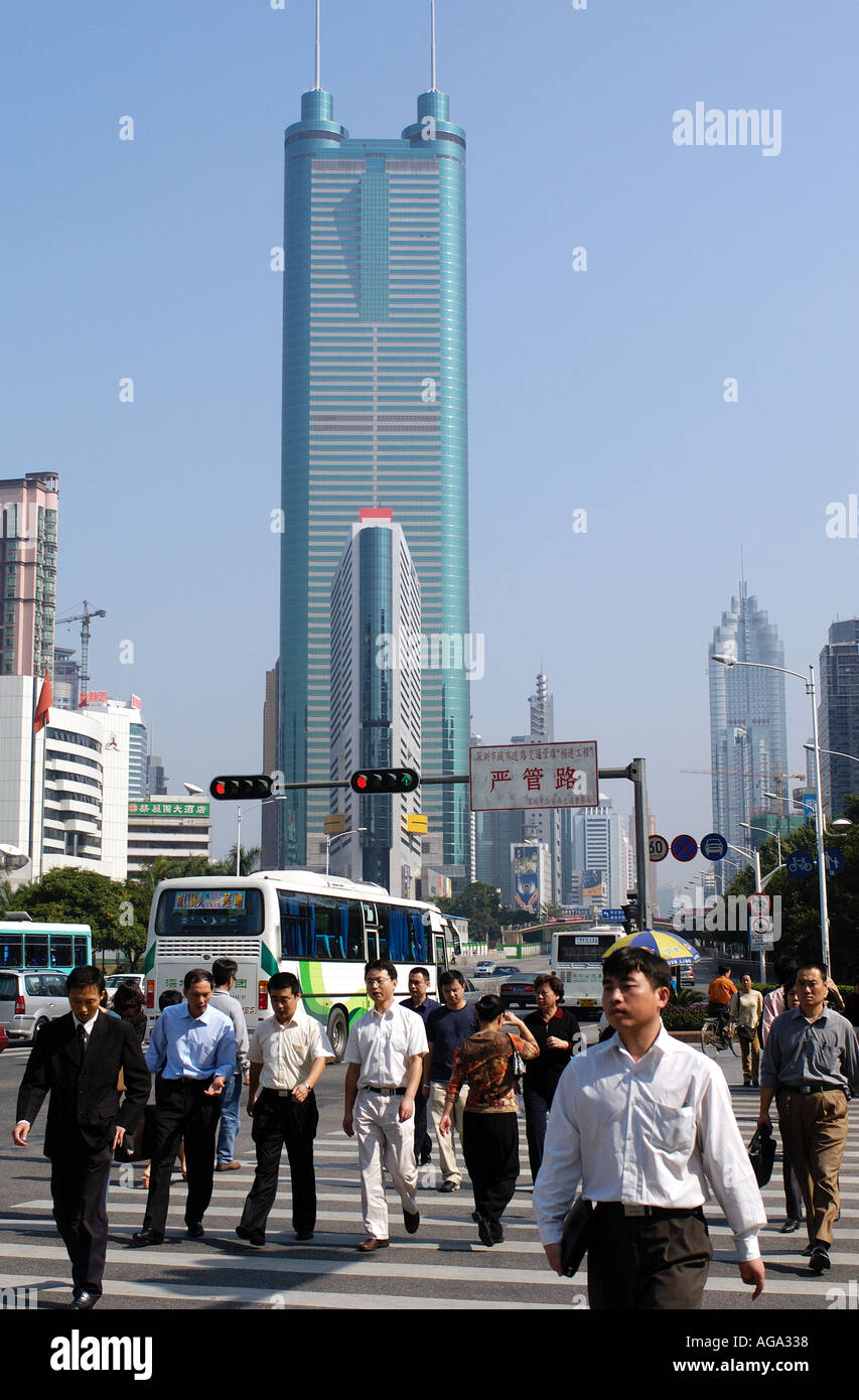 Modern buildings and people on streets in Central Shenzhen in Guangdong ...
