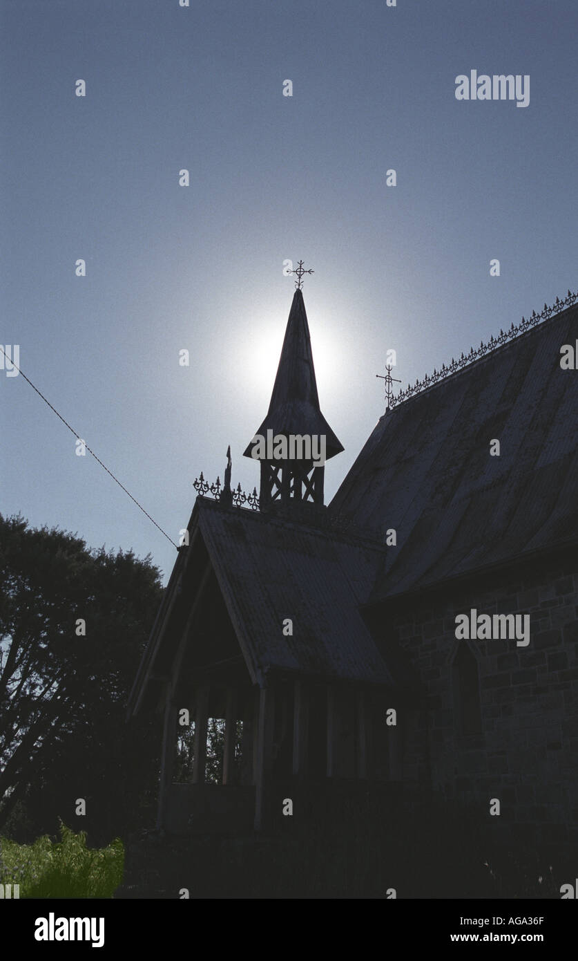 Spire of an old church in outback Australia forms a brilliant ...