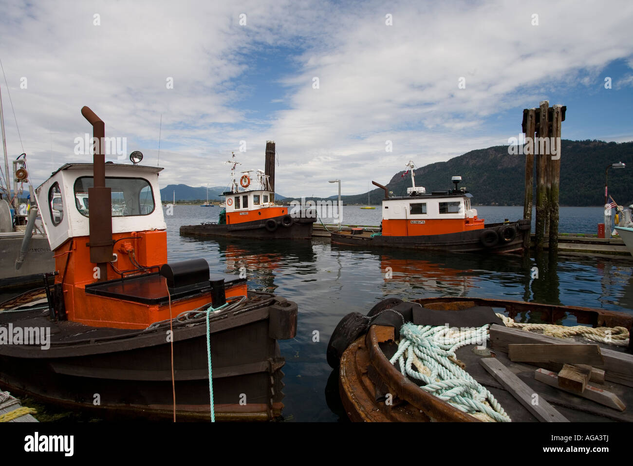 Three tug boats tied up in Cowichan Bay, Vancouver Island, Canada Stock ...