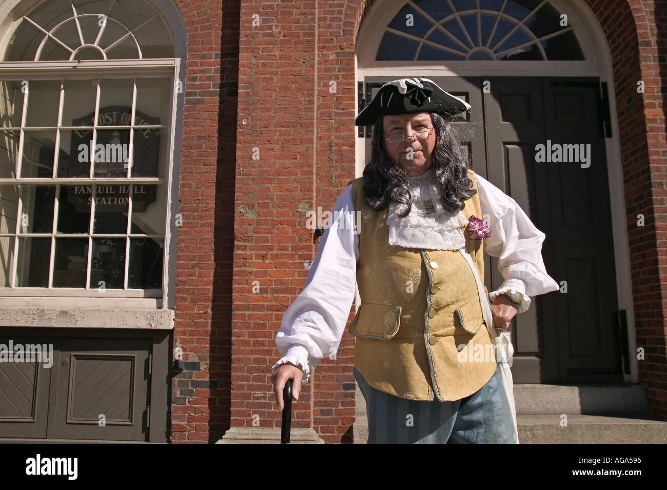 A colonial costumed gentleman dressed to look like Benjamin Franklin ...