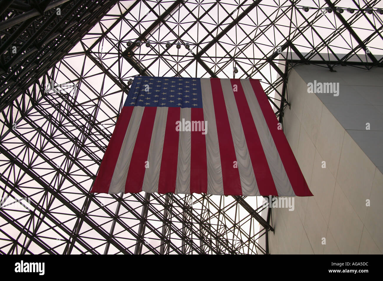 United States flag hangs in the glass pavilion designed by I M Pei at ...