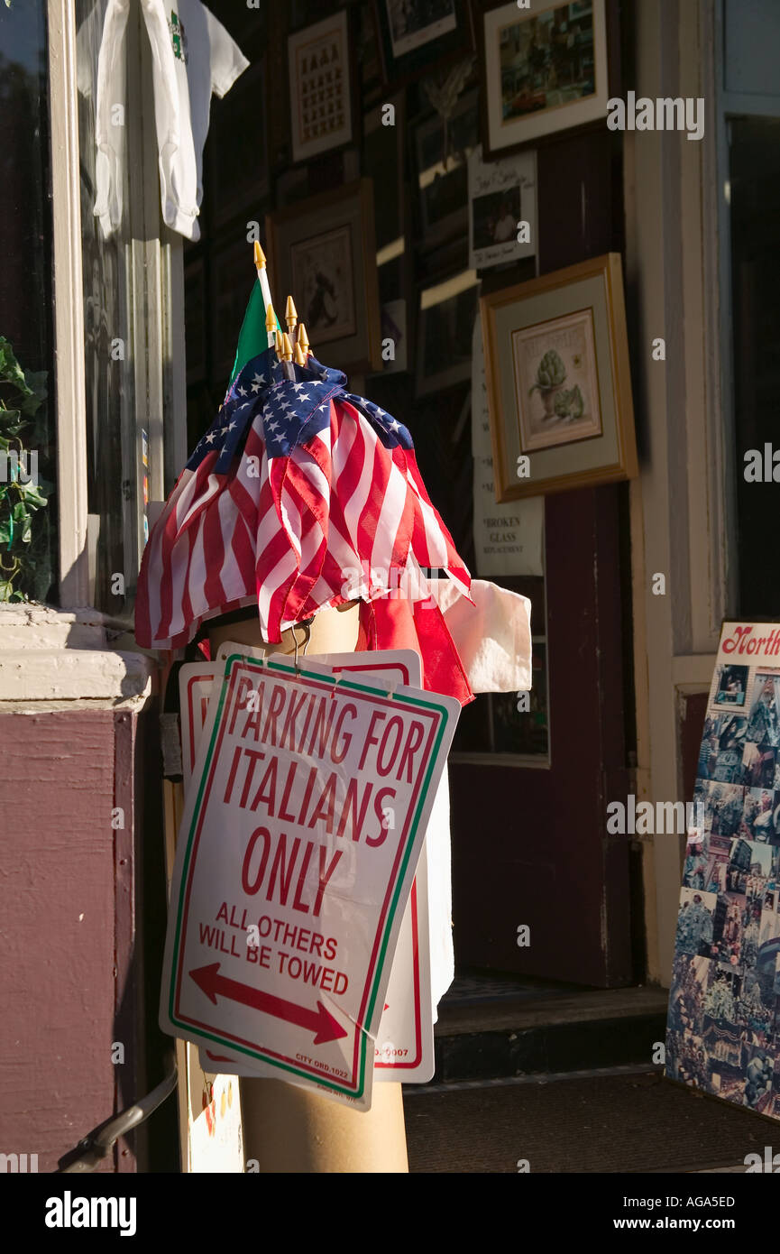Italian parking only sign and USA flags in shop doorway on Hanover ...