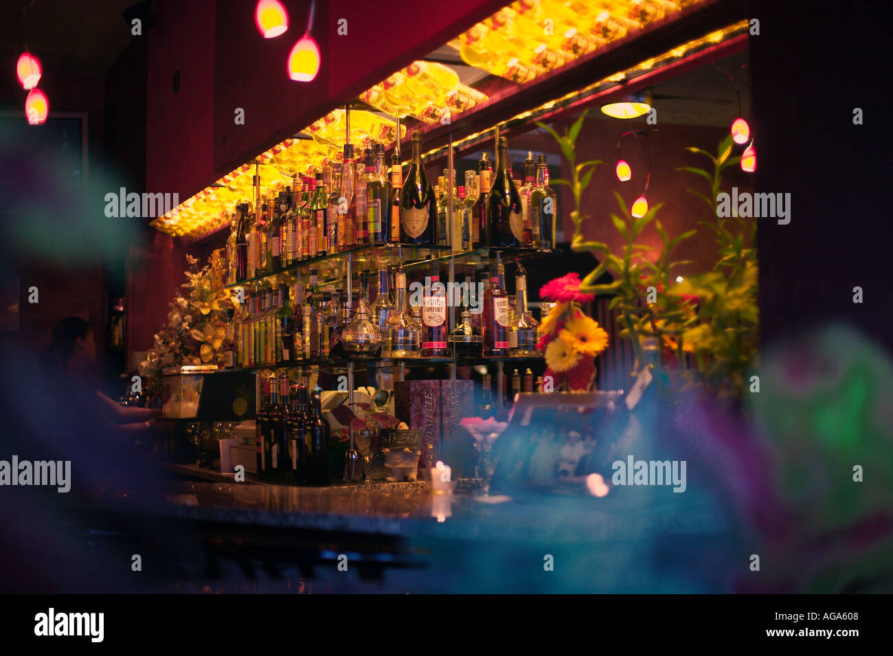 Liquor bottles at well stocked bar on Hanover Street Italian district ...
