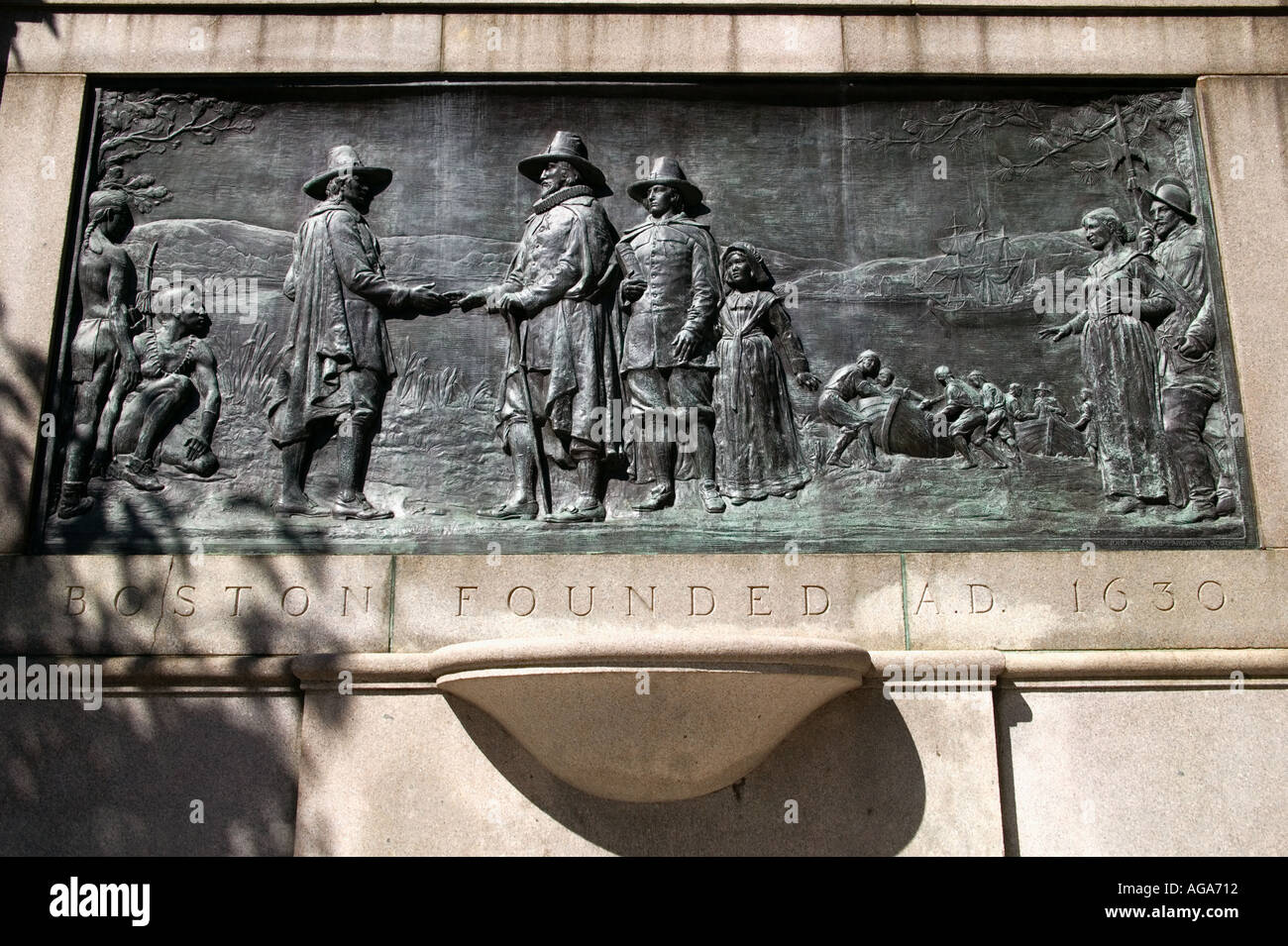 Bronze sculpture commemorating 1630 founding of Boston located on ...