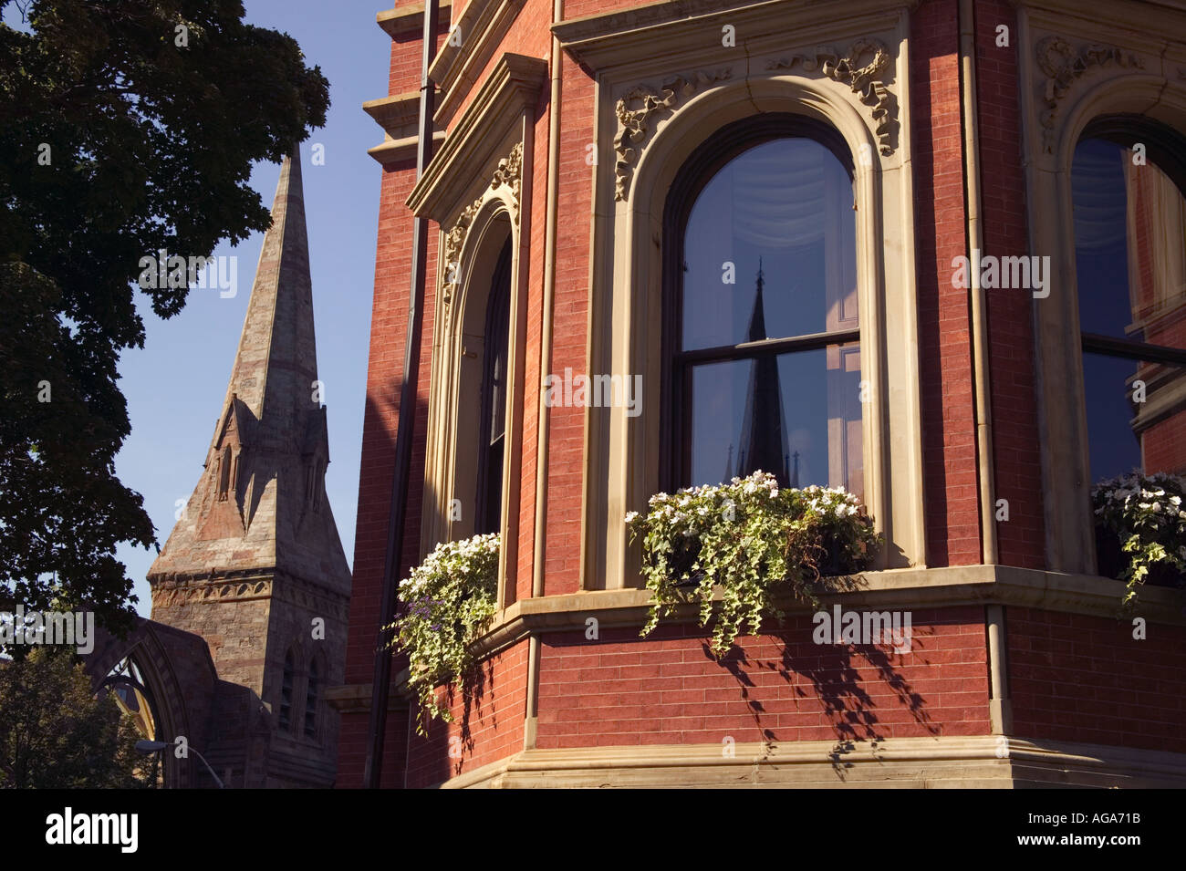 Church of the Covenant reflection in window on Commonwealth Avenue with ...