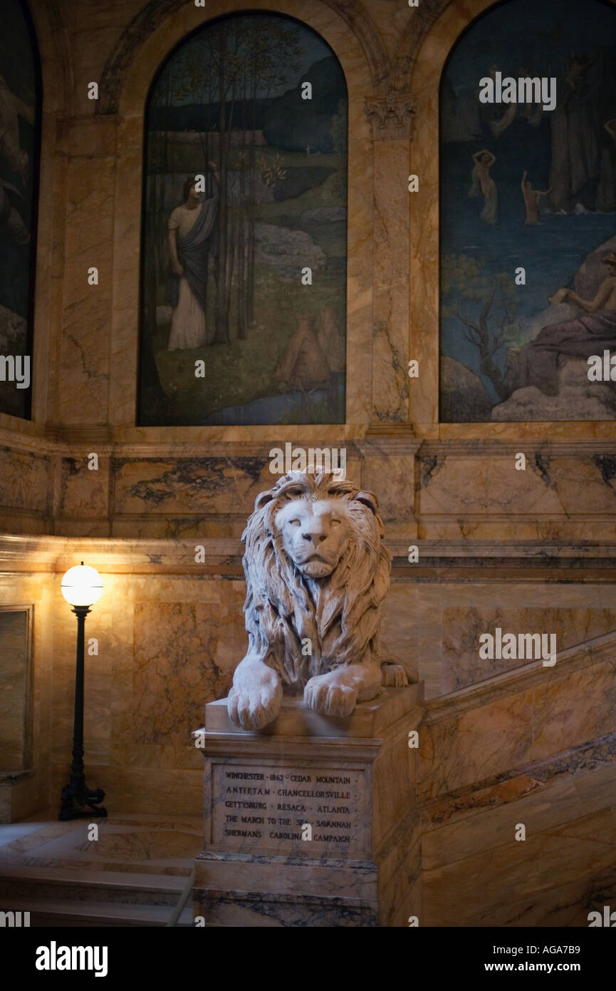 Stone Lion statue above staircase in Boston Public Library at Copley ...
