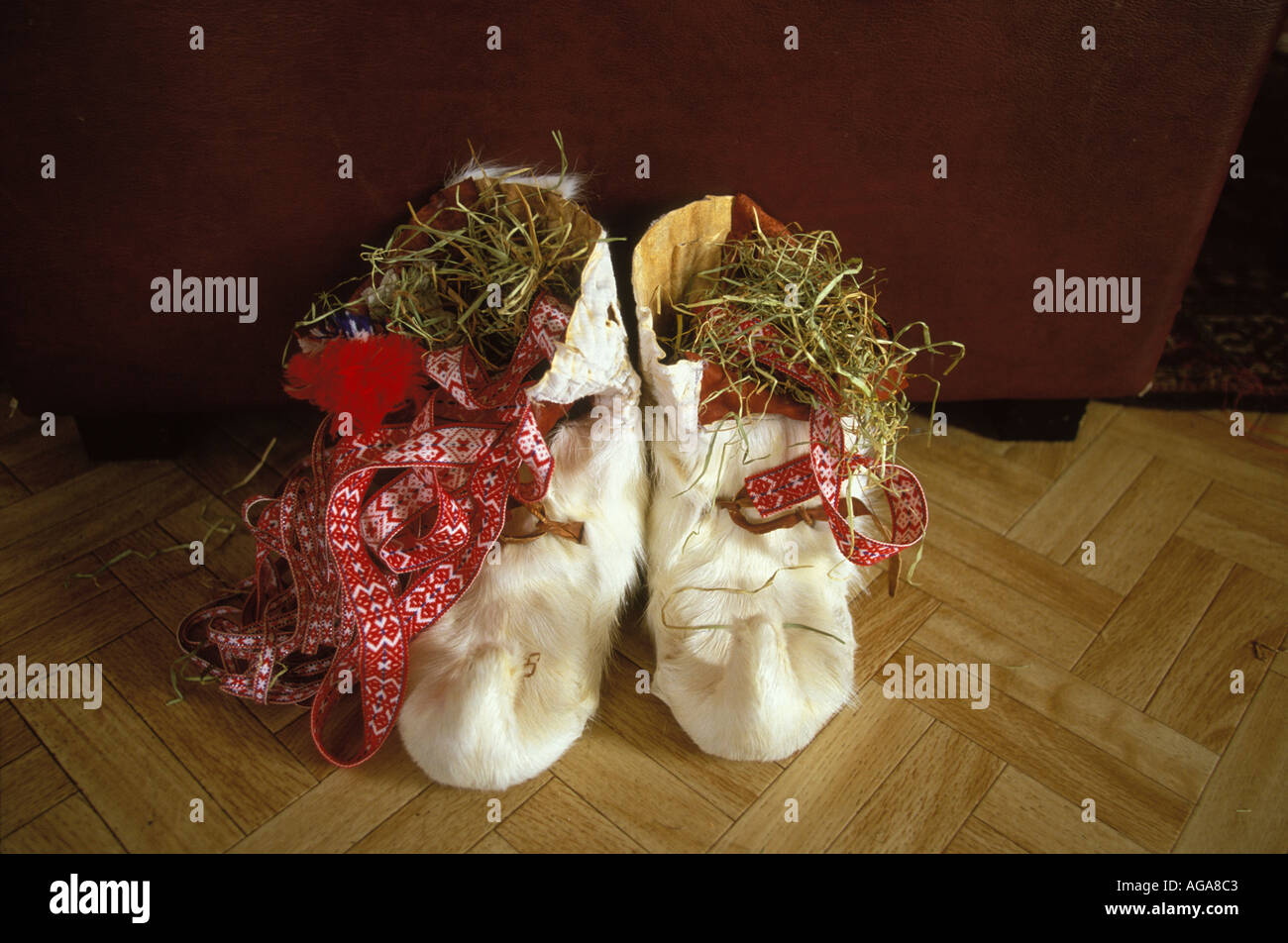 Traditional Saami winter shoes made of reindeer fur and filled with ...
