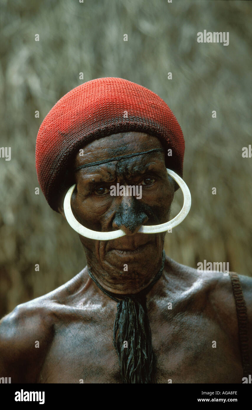 Dani man wearing pigs tusks through his nose has smeard whis face with ...