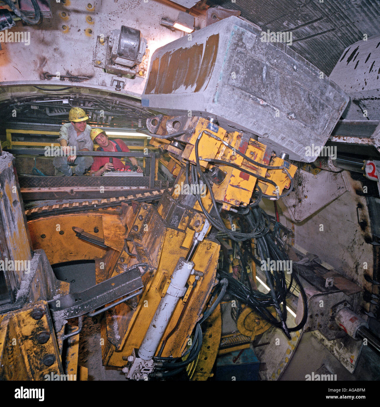 Channel Tunnel construction crew place pre-cast concrete lining ...
