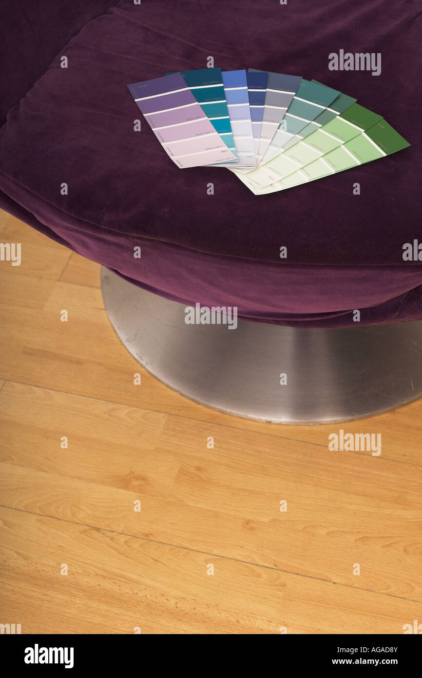 high angle view of colour charts on purple arm chair Stock Photo - Alamy