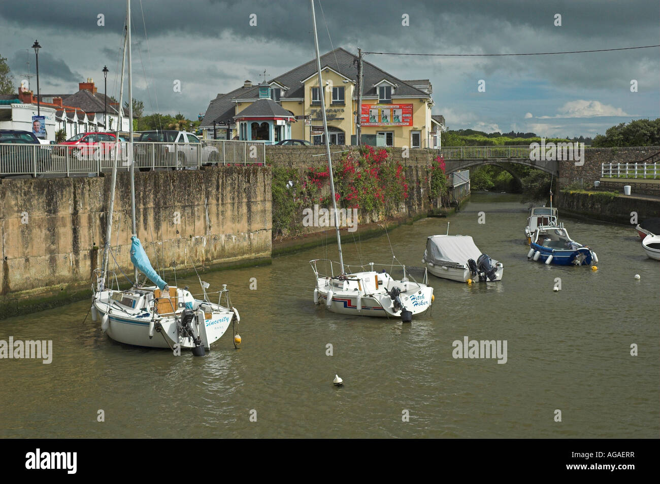 Boats moored in the stone harbour at Arklow, County Wicklow, Ireland ...