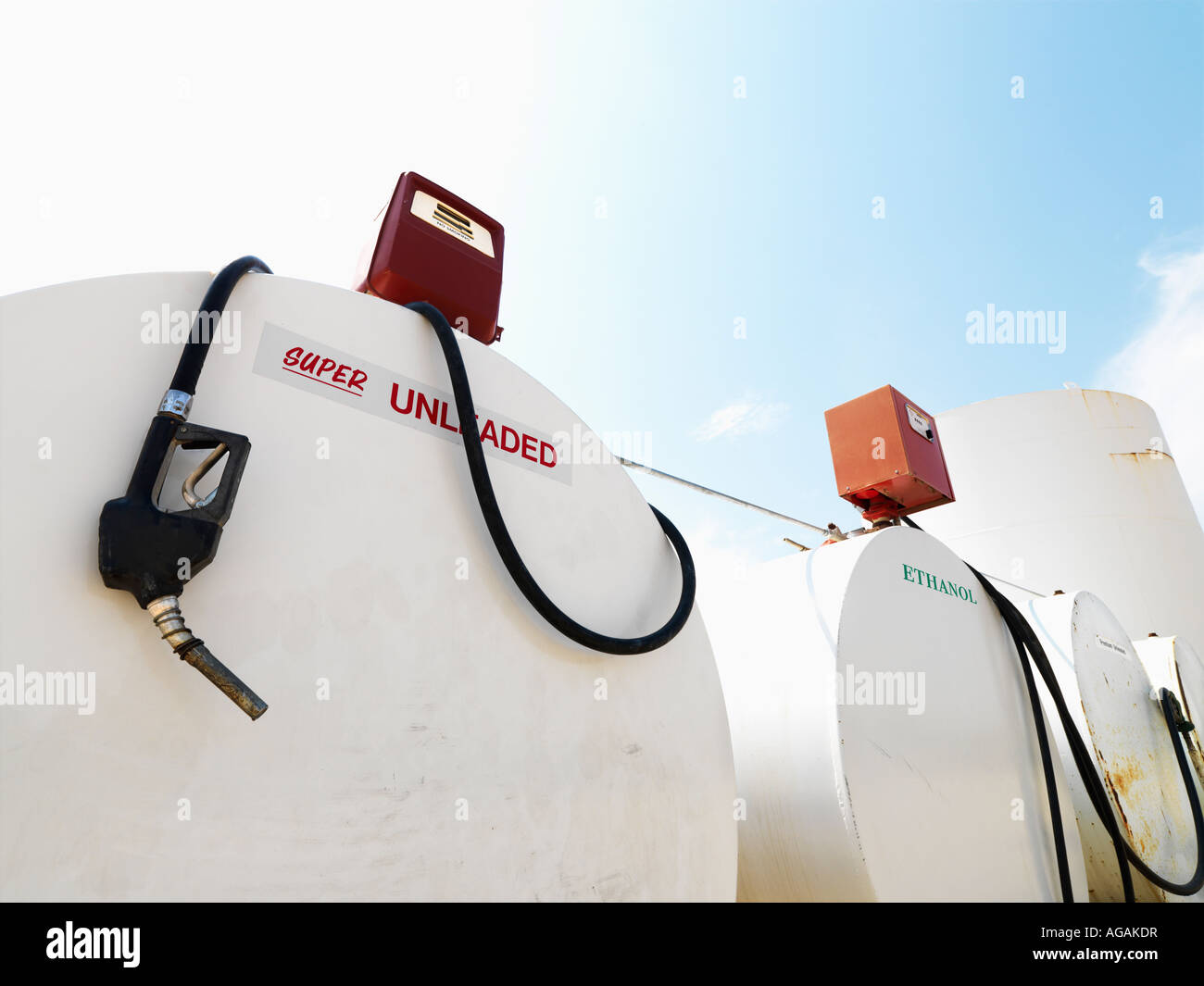 Fuel tanks labeled unleaded and ethanol and pumps Stock Photo - Alamy